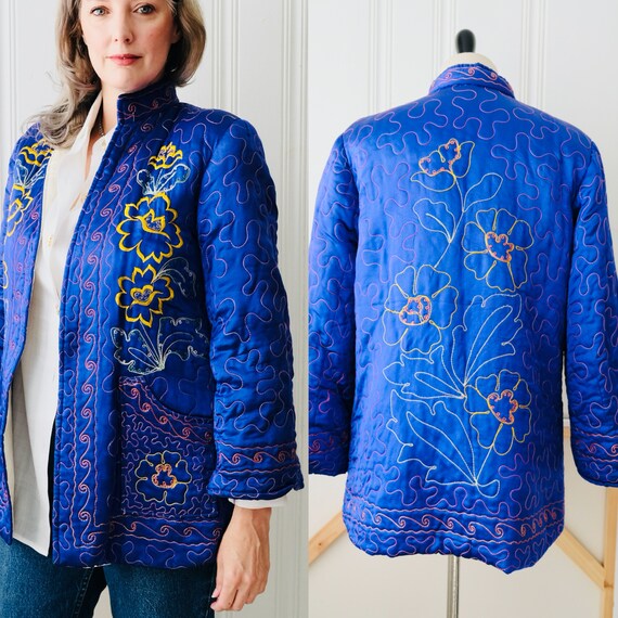 Vintage Chinoiserie Chinese Blue Satin Quilted Jacket… - Gem