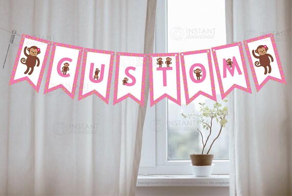 Printable DIY Banner Pink Monkey Custom Fun Baby Monkey - Etsy