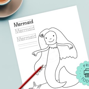DIY Printable Mermaid Coloring Page Learn Language Tracing Letters ...