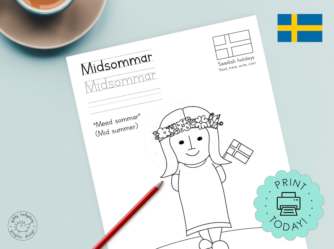DIY Printable Swedish Learn Language Midsummer Coloring Page Tracing ...