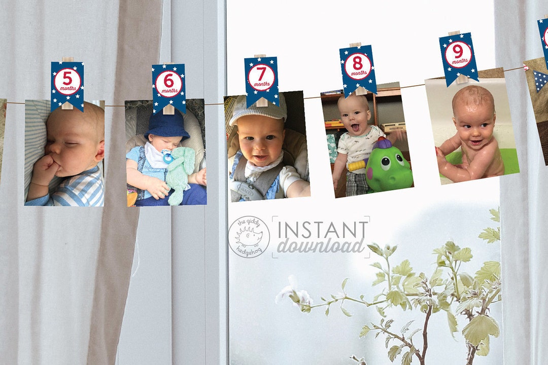 Printable 0-12 Month Photo Decorations Red White Blue First Year ...