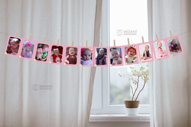 Printable DIY Banner 1st Birthday Photos Girl Baby First Year - Etsy
