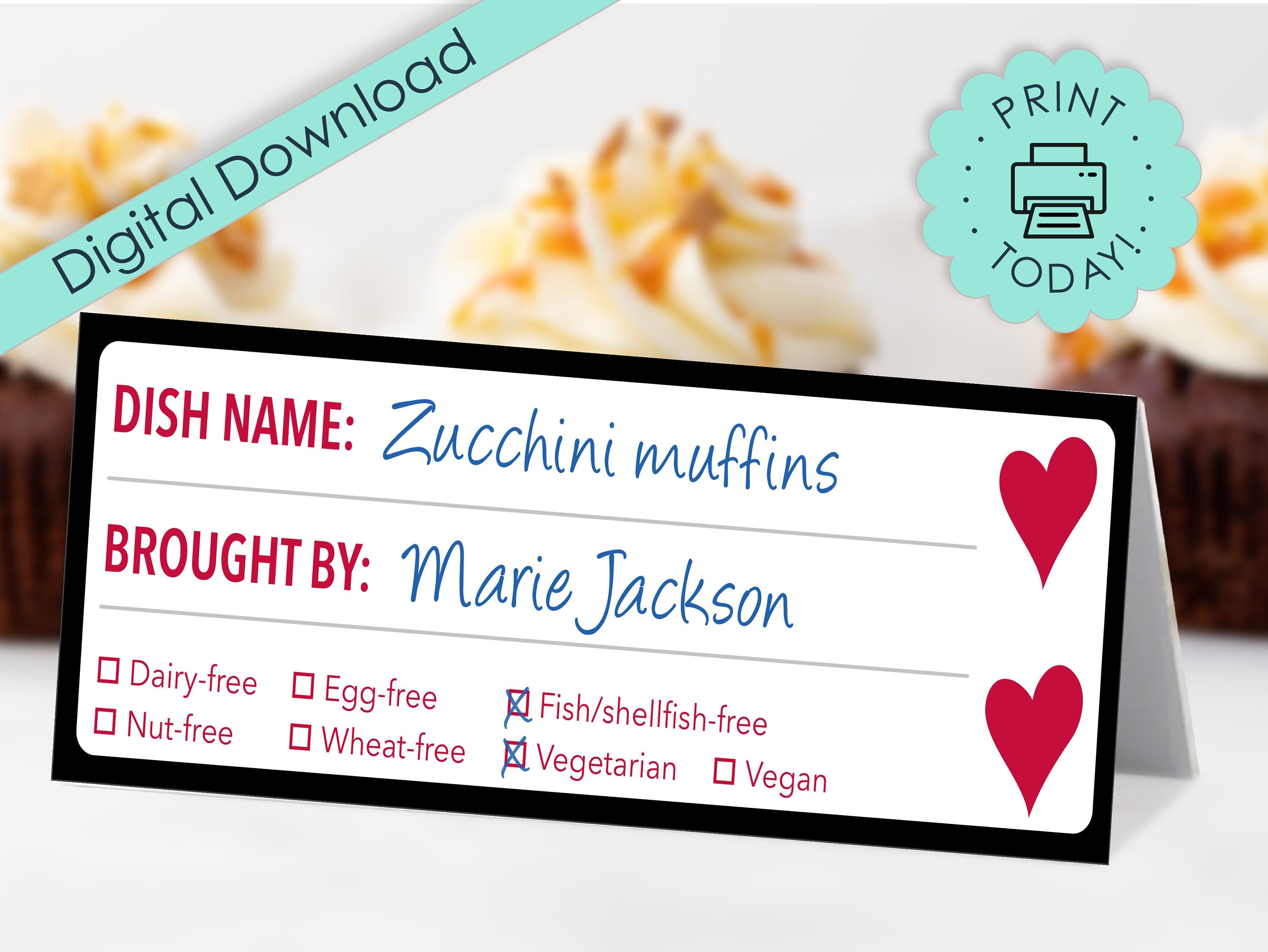 DIY Printable Food Cards Queen of Hearts Allergy Form Valentines Party ...