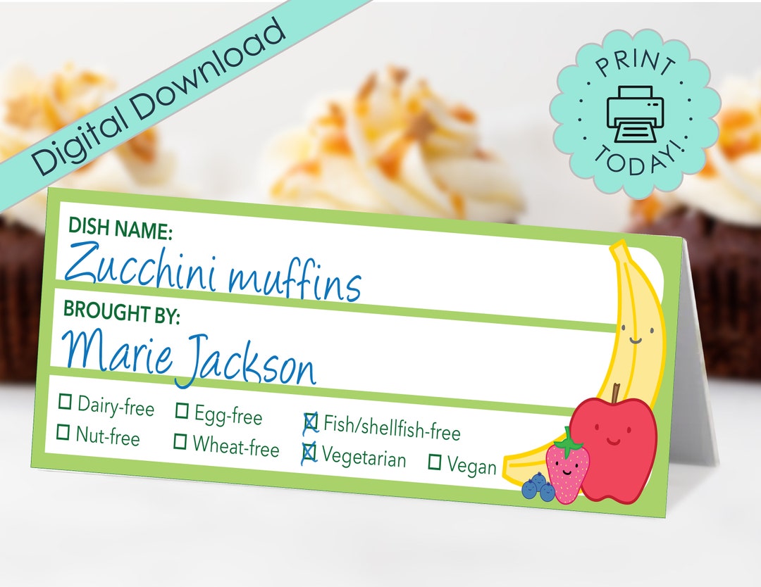 DIY Printable Food Tents Allergy Form Kawaii Fruit Party Menu Cards ...
