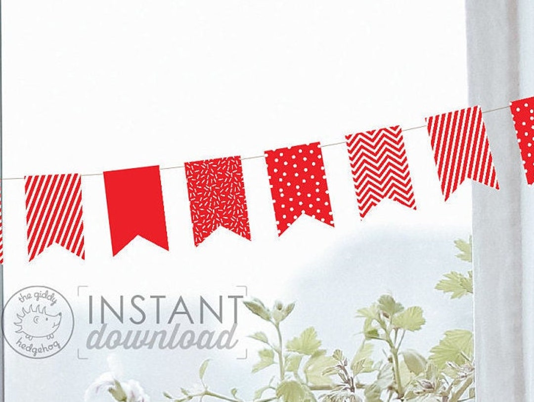 DIY Printable Banner Red Party Flags Polka Dot Chevron Stripes Confetti ...