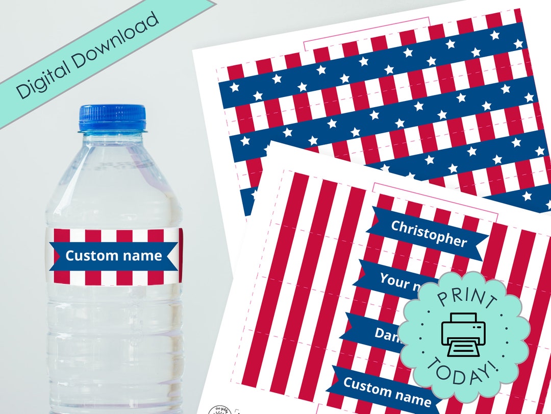 USA Water Bottle Label Party Decorations Red White Blue Birthday ...