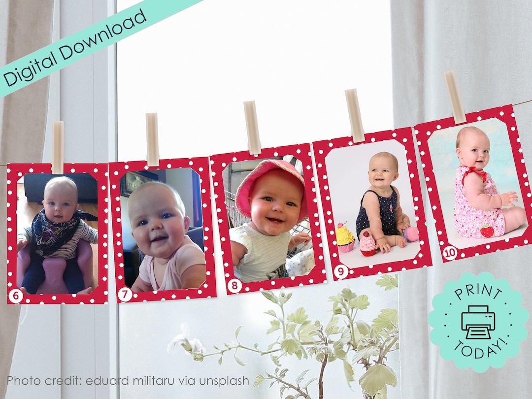 Printable DIY Banner 1st Birthday Photo Monthly Photos Baby Red First ...