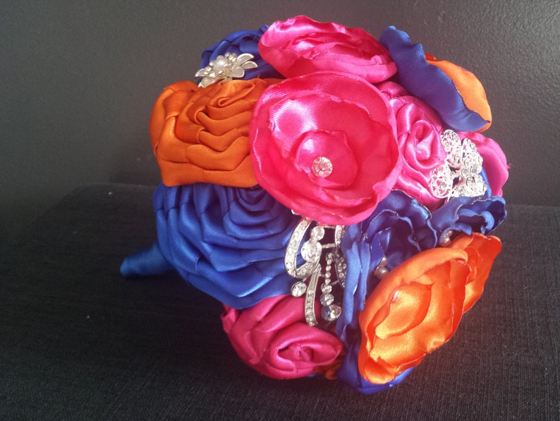 Wedding Bouquet Hot Pink/orange/blue Satin Fabric Flower - Etsy