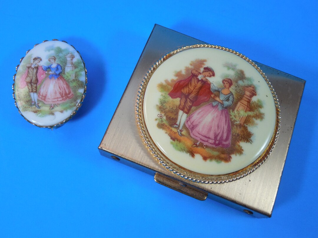 Vintage Courtship Mirror Compact and Limoges Courtship Brooch Broach ...