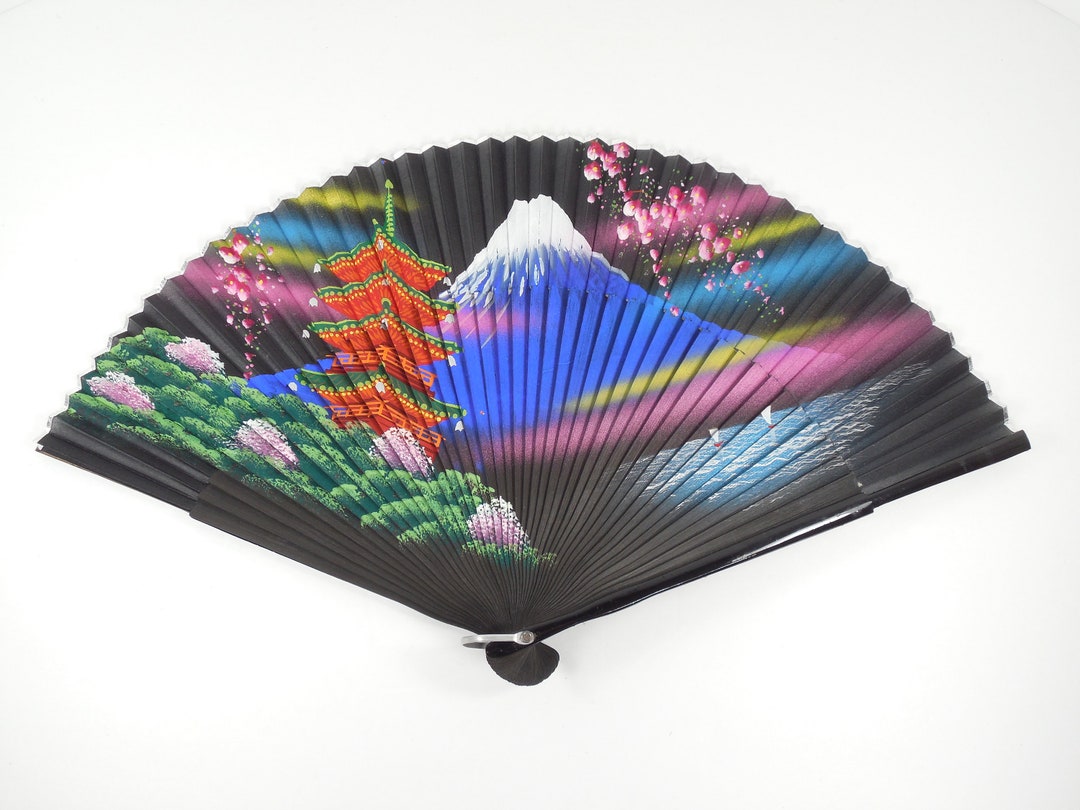 Japanese Hand Painted Folding Hand Fan Black Lacquer Wood Black Fabric ...