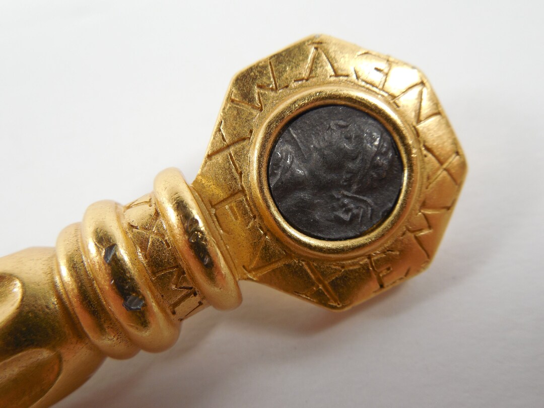 Antiqued Silver Roman Coin Design Art Deco Inspired Gold Tone Brooch ...