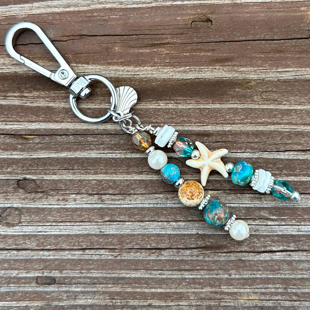 Beaded Beach Purse Charm: Starfish, Shell, Jasper Gemstones - Etsy
