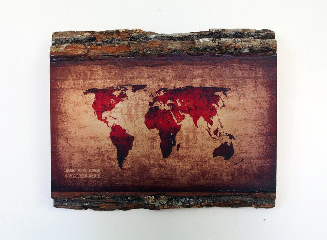 World Map on Natural Edge Wooden Plaque - Wood Sign Saying - Wood Wall ...