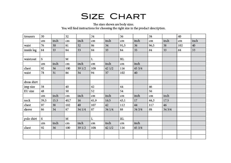 How to Measure for Menswear and Size Chart - Etsy