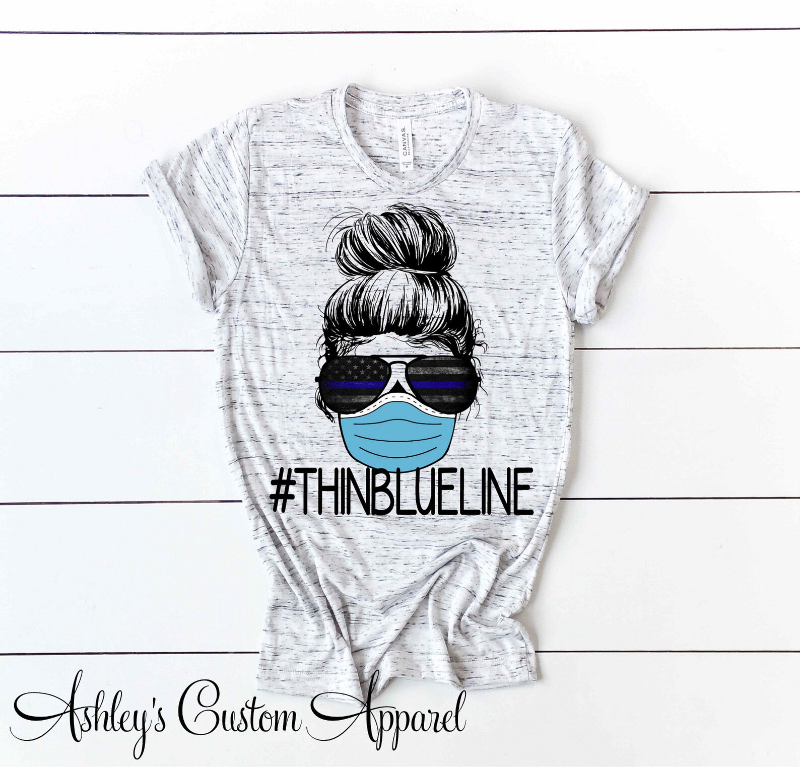 Custom Thin Blue Line Police Face Mask Shirt Messy Bun Hair | Etsy