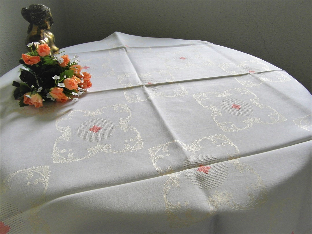 French Tablecloth Large Damask Blanket With Pink Cross Stitch - Etsy