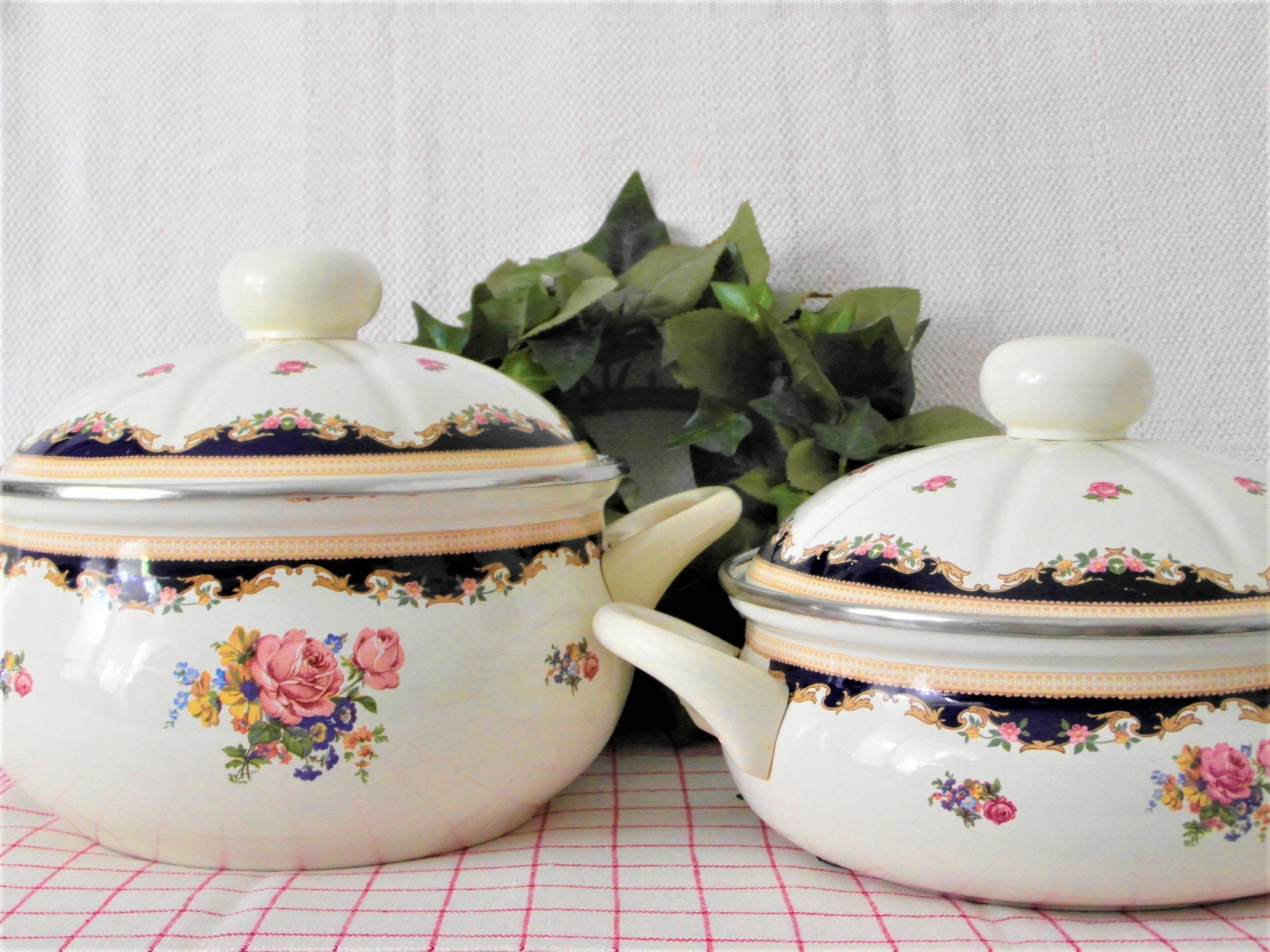 ASTA Cooking Pot Enamel Lidded Pot White Blue Pink Roses - Etsy UK