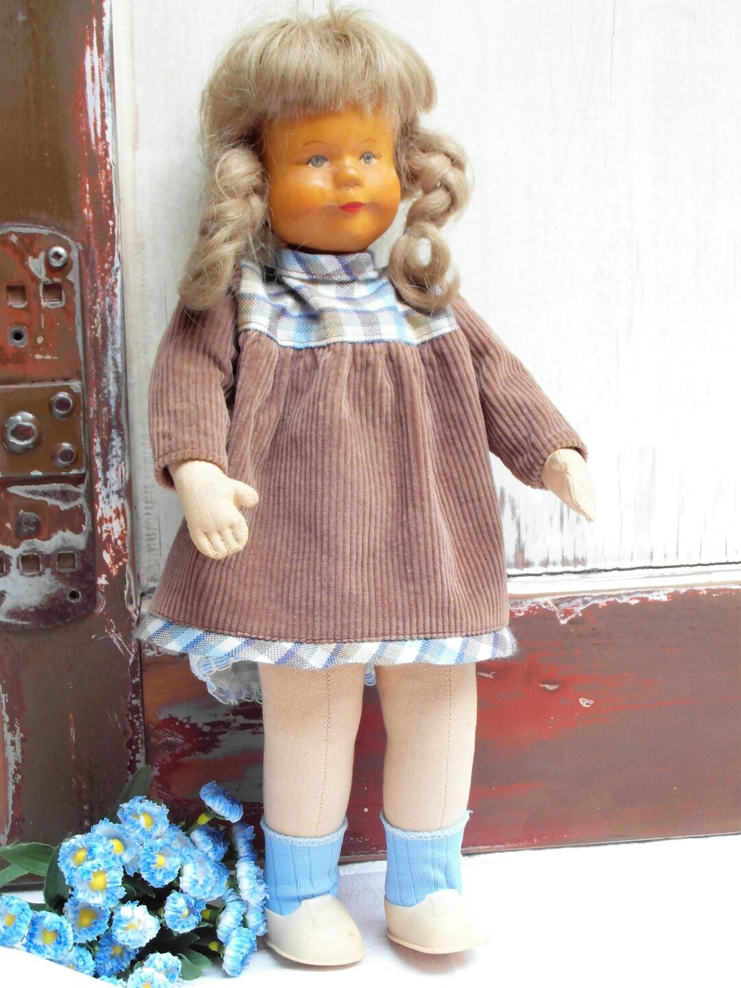 Doll KRAHMER Wooden Head Rag Doll With Braids Real Hair - Etsy