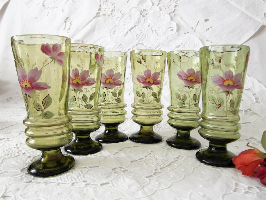 Antique Glass Set of 6 Viennese Glasses With Floral Decoration - Etsy UK