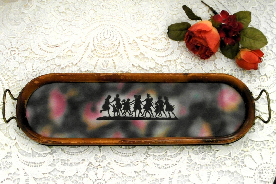 Tray Art Deco Shadow Play Dance Round Paper Cut Motif Antique Serving ...