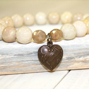 River Stone Bracelet Beige Stretch Bracelet Heart Charm - Etsy