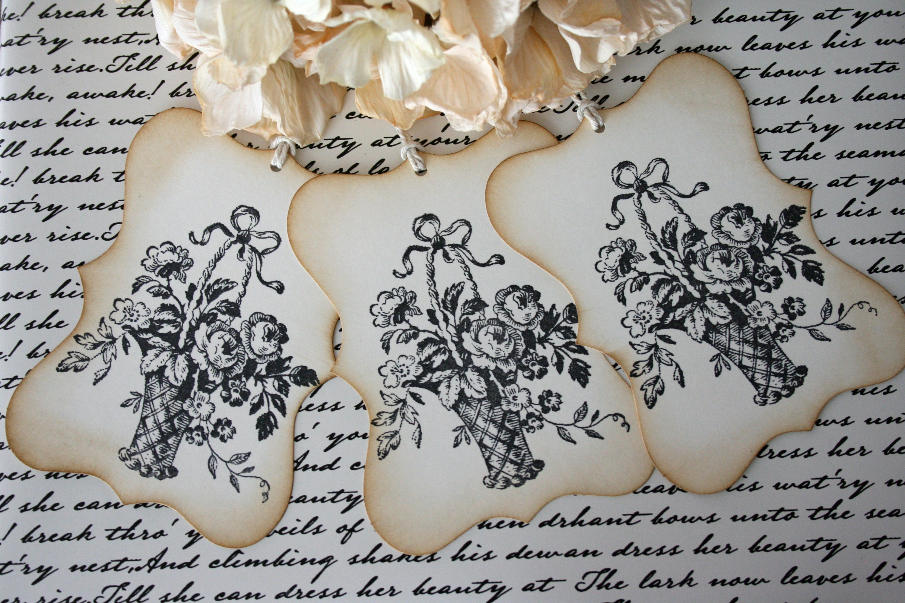 Large Shabby Chic Tags // Cottage Style Gift Tags // Flower Basket Gift ...