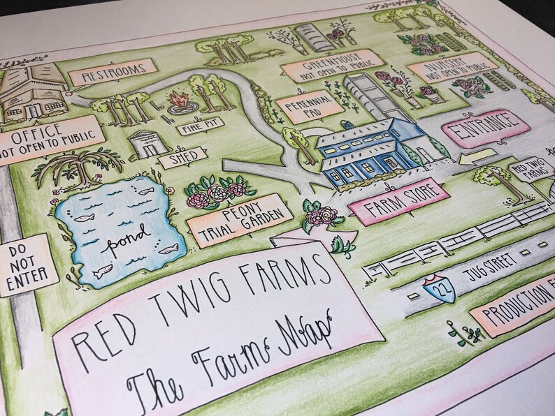 Large Hand Drawn Farm & Business Map: Colored Pencil - Etsy