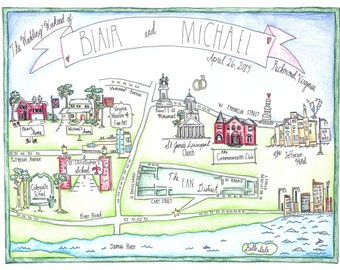 Large Hand Drawn Wedding Map: Colored Pencil | Etsy