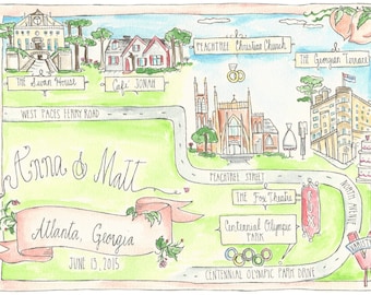 Large Hand Drawn Wedding Map: Colored Pencil | Etsy