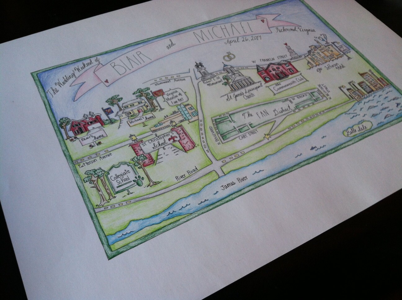 Large Hand Drawn Wedding Map: Colored Pencil - Etsy