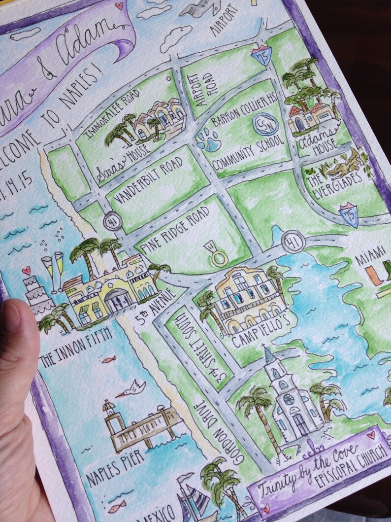 Large Hand Drawn Wedding Map: Watercolors - Etsy
