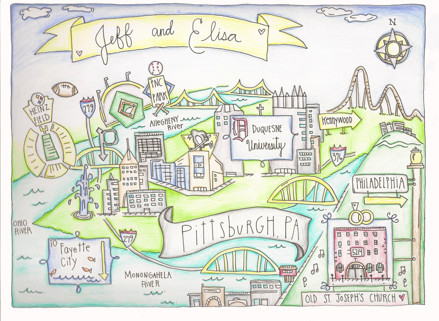 Medium Hand Drawn Wedding Map Colored Pencil - Etsy