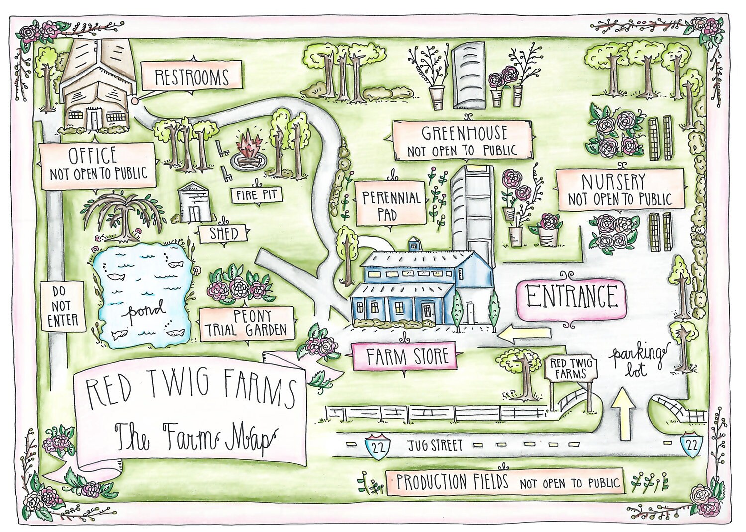 Large Hand Drawn Farm & Business Map: Colored Pencil - Etsy