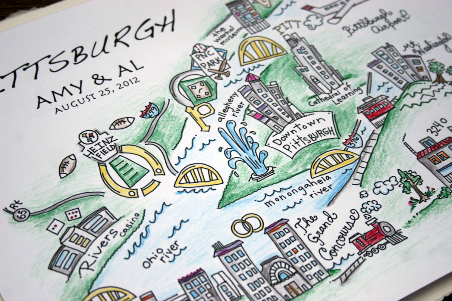 Large Hand Drawn Wedding Map: Colored Pencil - Etsy