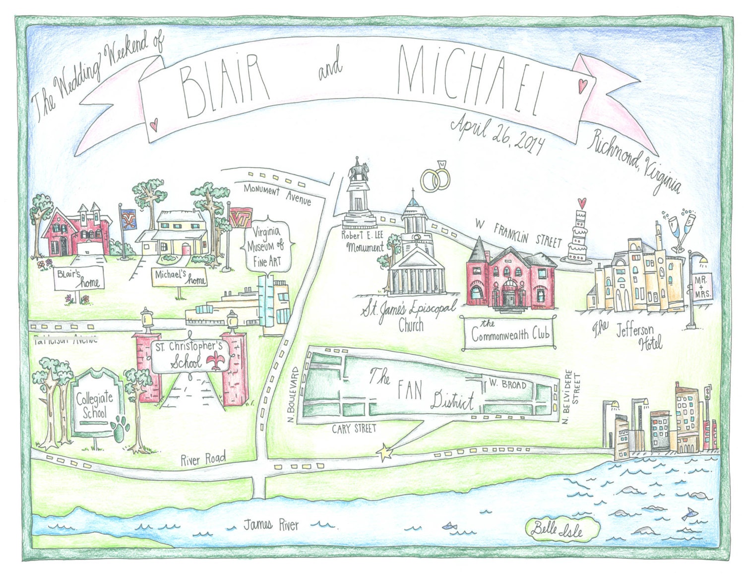 Large Hand Drawn Wedding Map: Colored Pencil - Etsy
