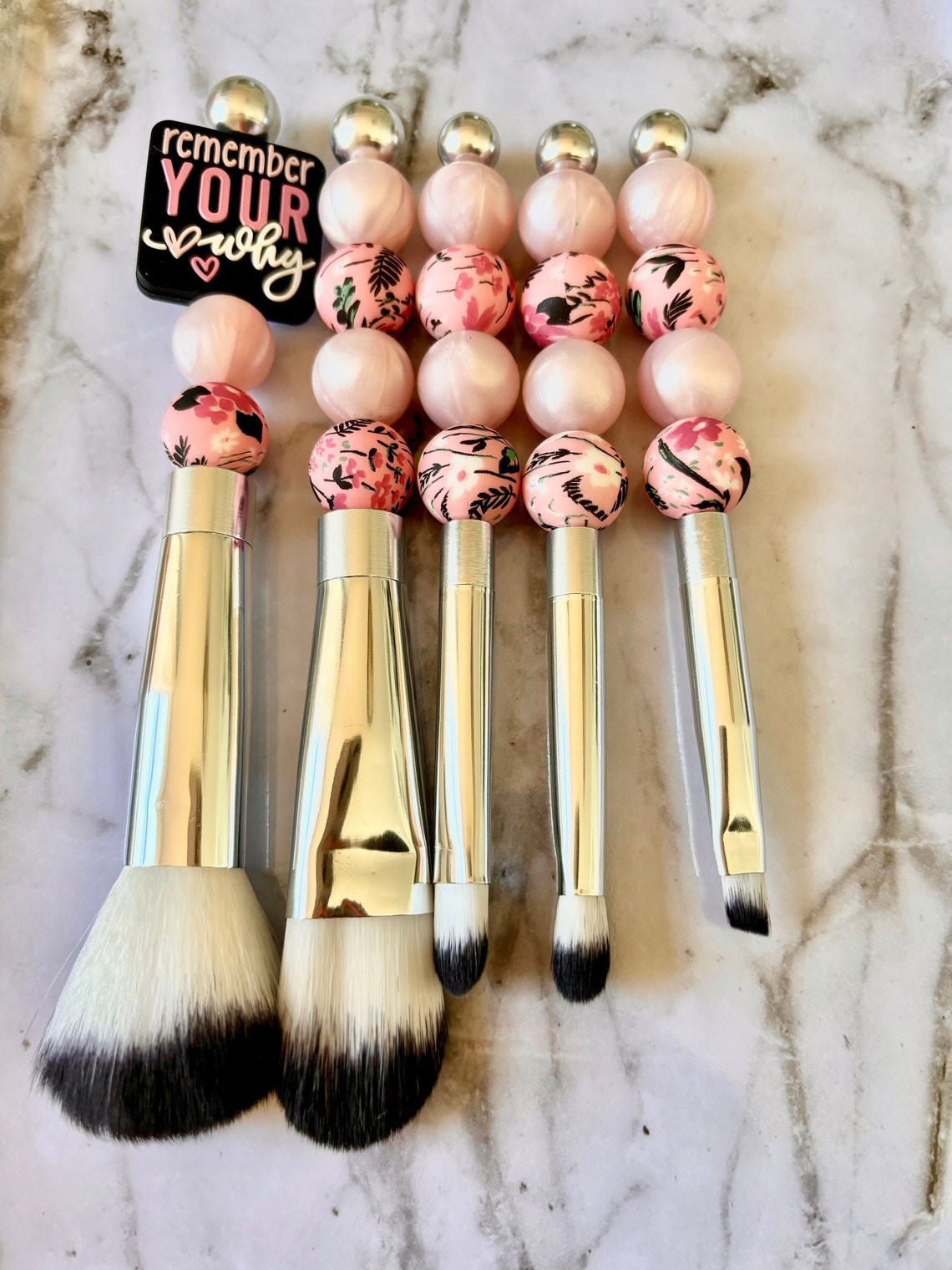 Beautiful Pink Floral Beaded Makeup Brush Set With Positive Message ...