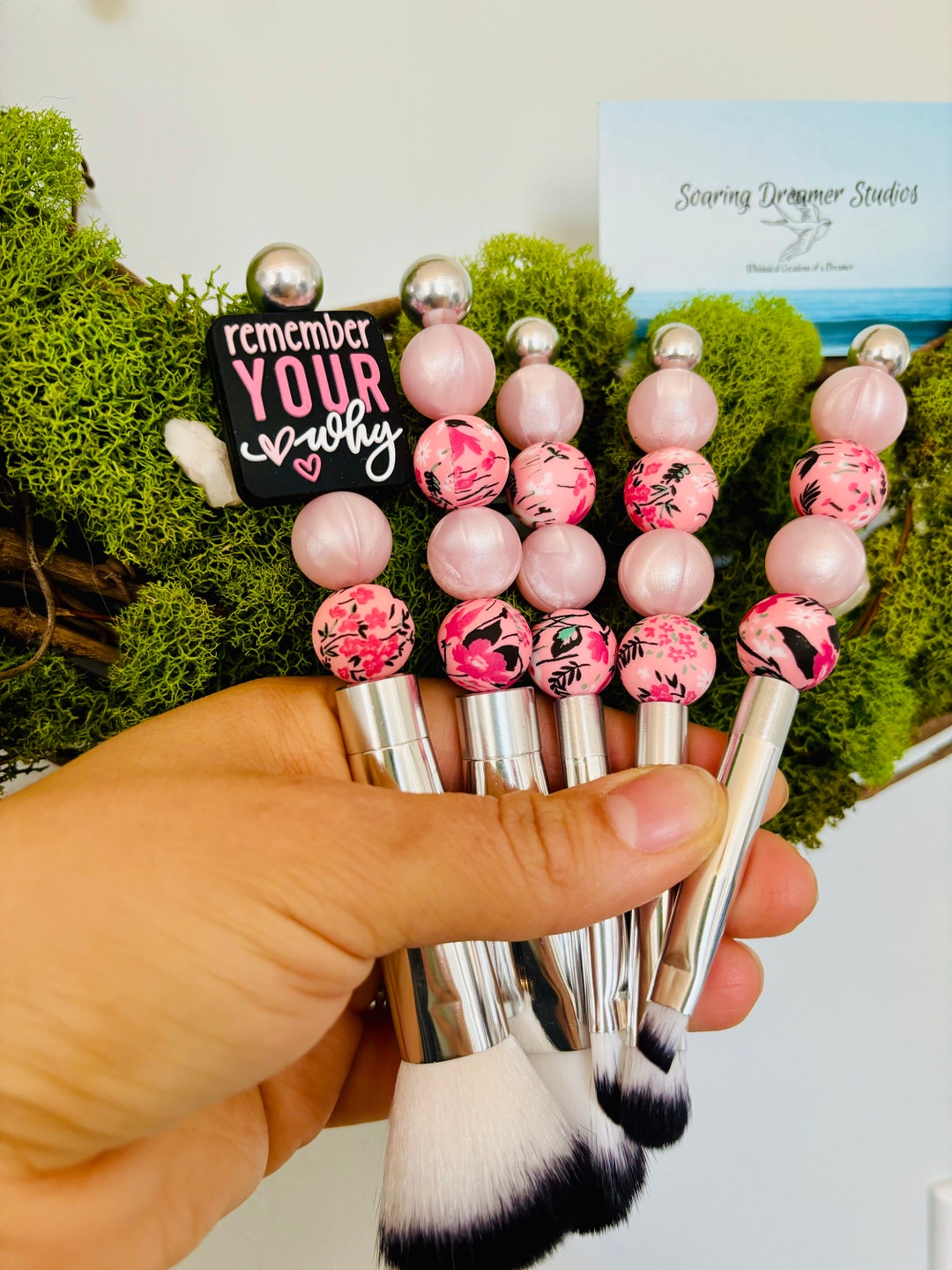 Beautiful Pink Floral Beaded Makeup Brush Set With Positive Message ...
