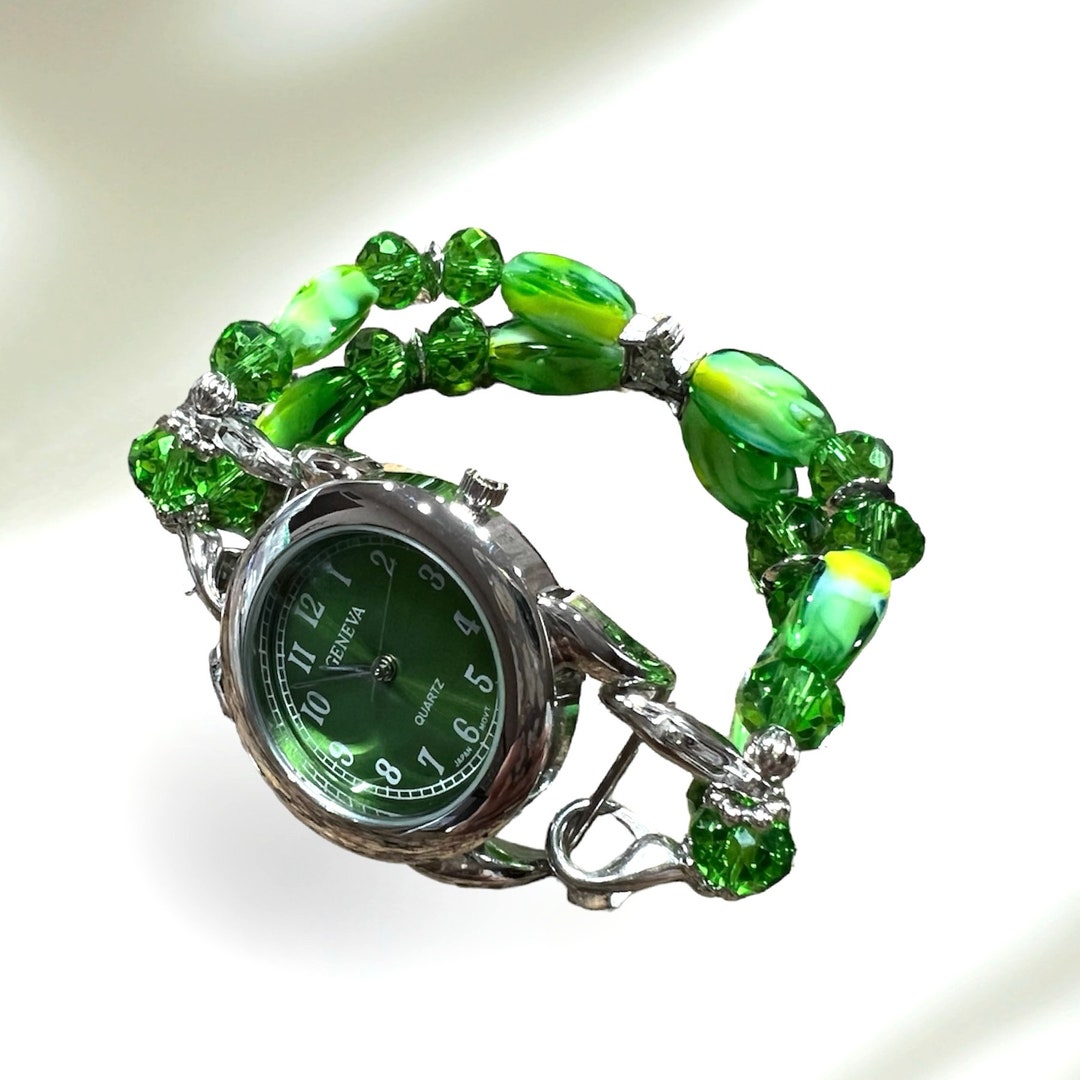 Green Peridot Watch, Green Watch, Womens Watch, Watch, Beaded Watch ...