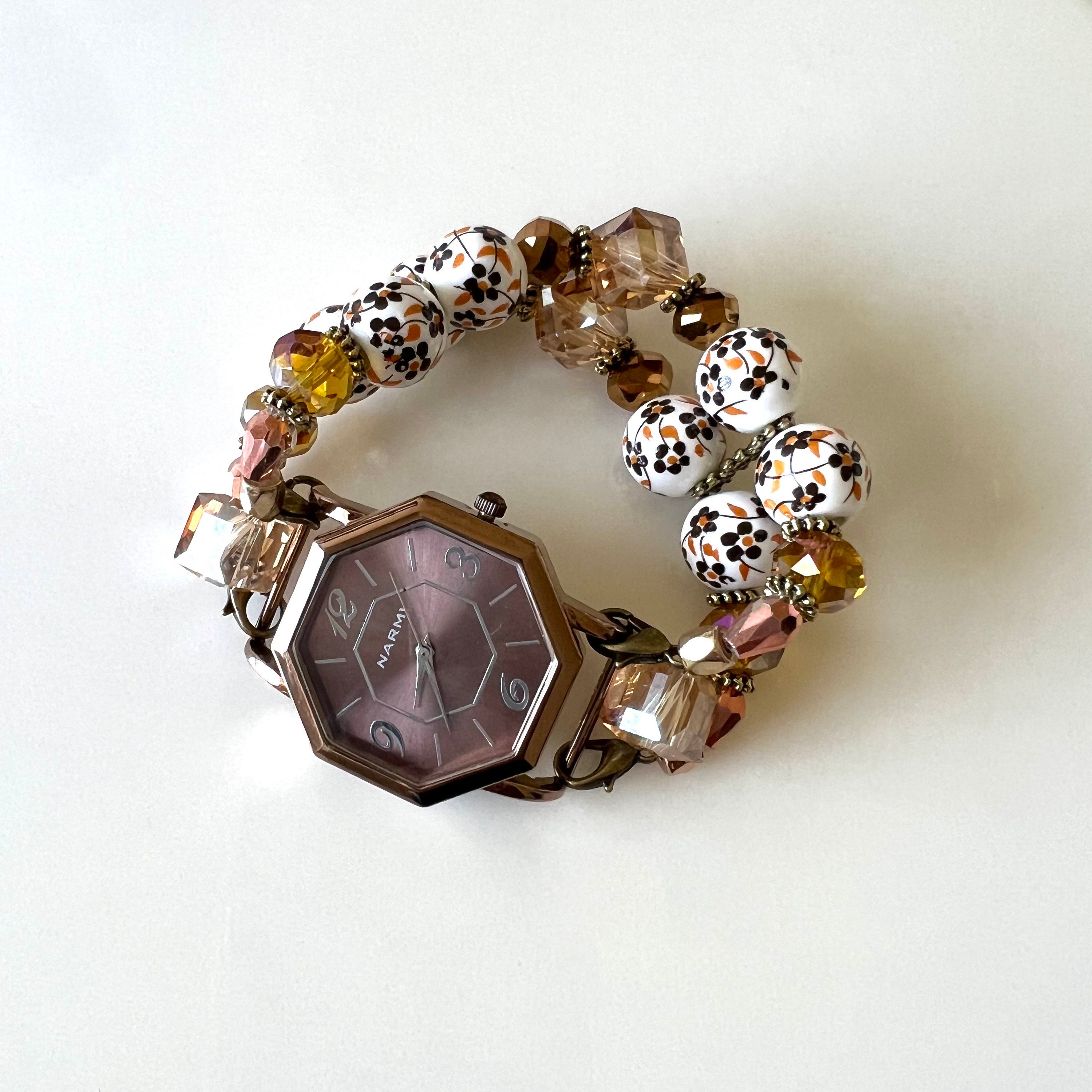 Cream Flowered Watch, Womens Watch, Womens Jewelry, Beaded Watch ...