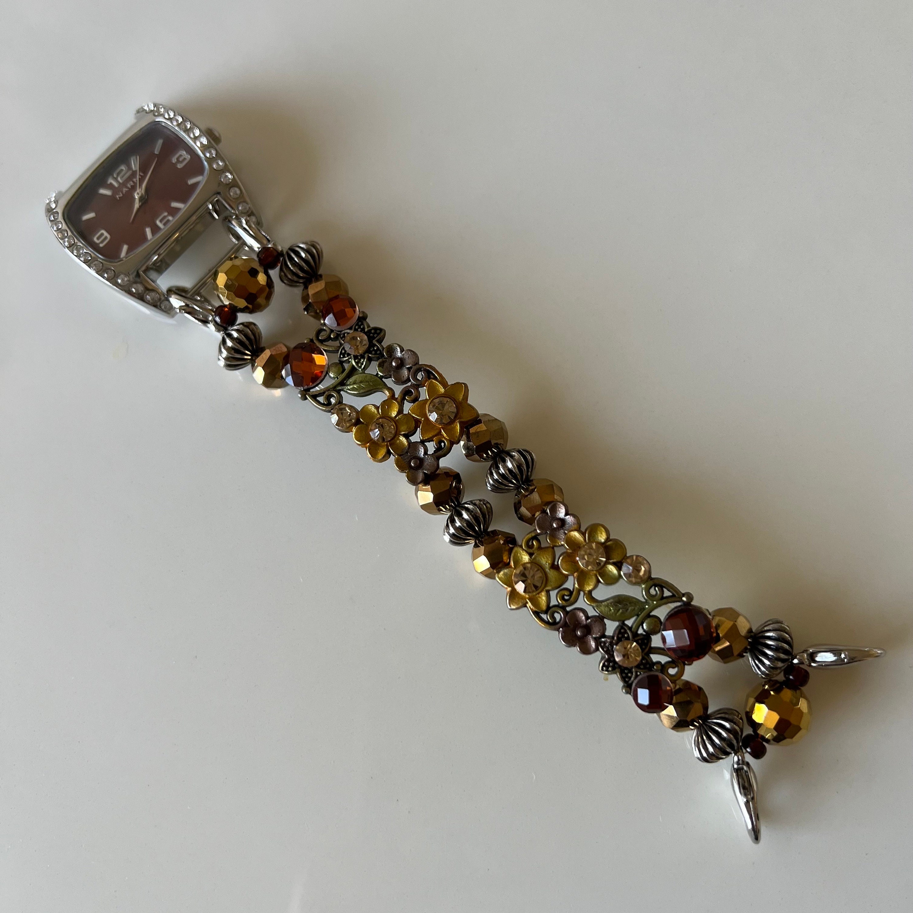 Womens Antique Gold Metal Flowered/watch/womens Watch/beaded Watch ...