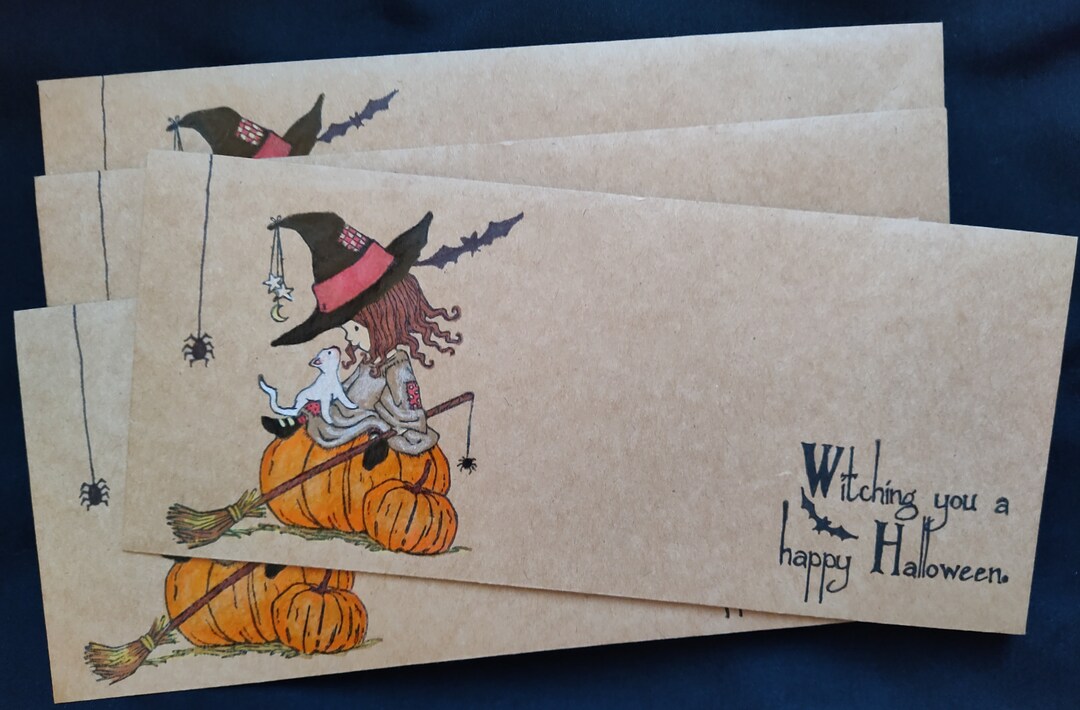 Handmade and Hand Painted Halloween Envelopes Glossed 9 1/2 X 4 1/8 Set ...
