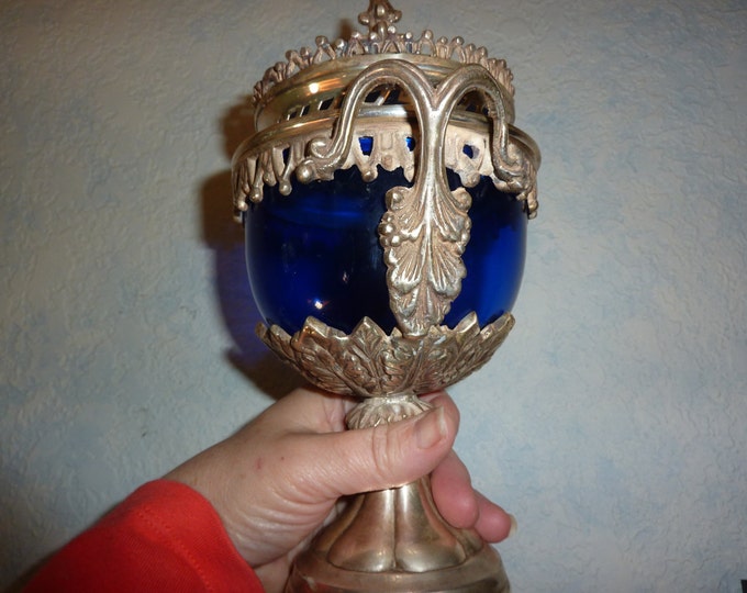 BLUE and Silver/////vintage Cobalt Blue & Silver Plated Pedestal Candy ...