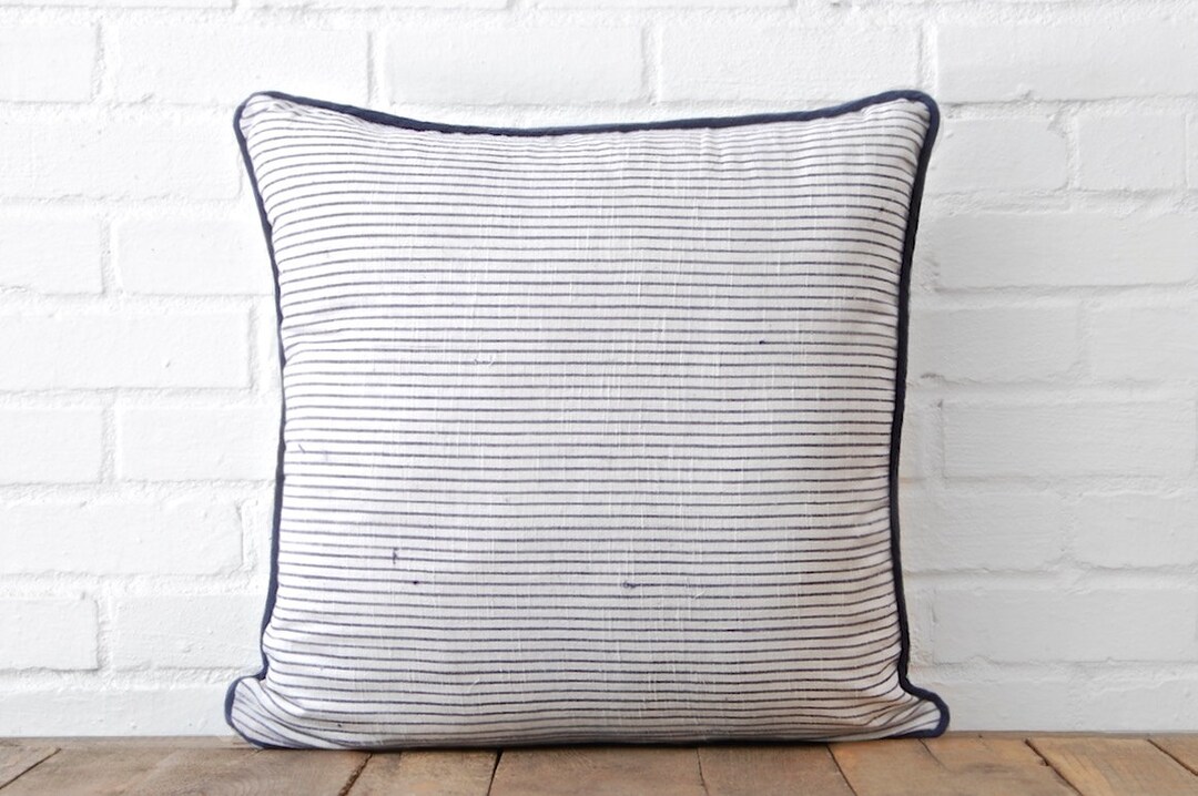 Navy Linen Stripe Throw Pillow - Etsy New Zealand