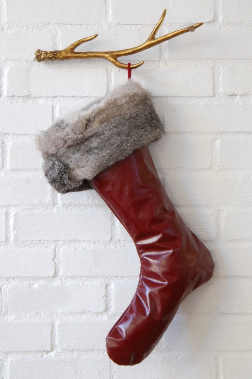 Red Leather and Grey Rabbit Fur - Etsy