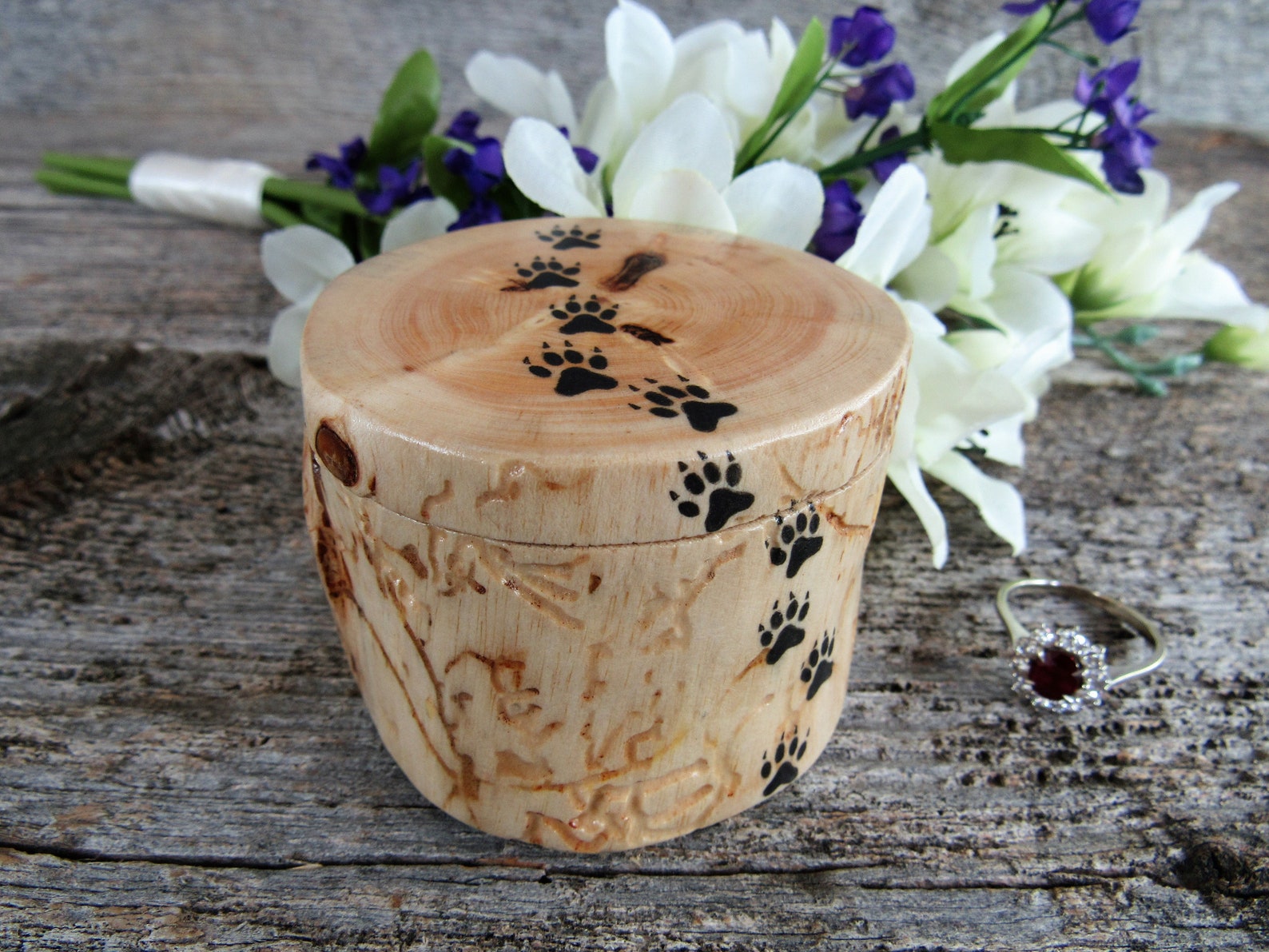 Rustic Ring Box With Wolf Tracks. Rustic Engagement Ring Box. Gift for ...
