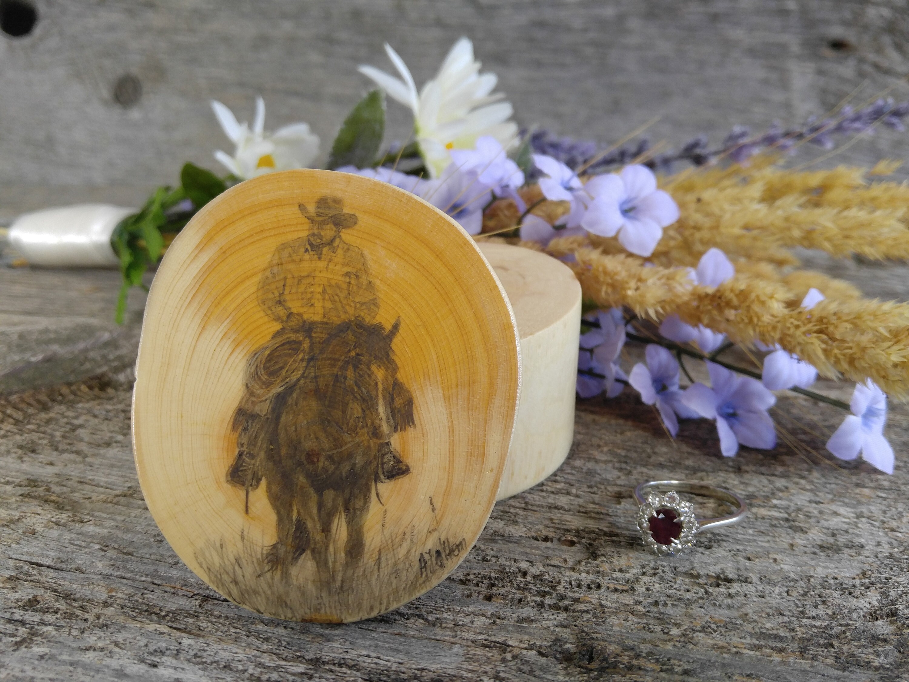 Wood Ring Box With Cowboy Artwork. Engagement Ring Box. Cowboy Art ...
