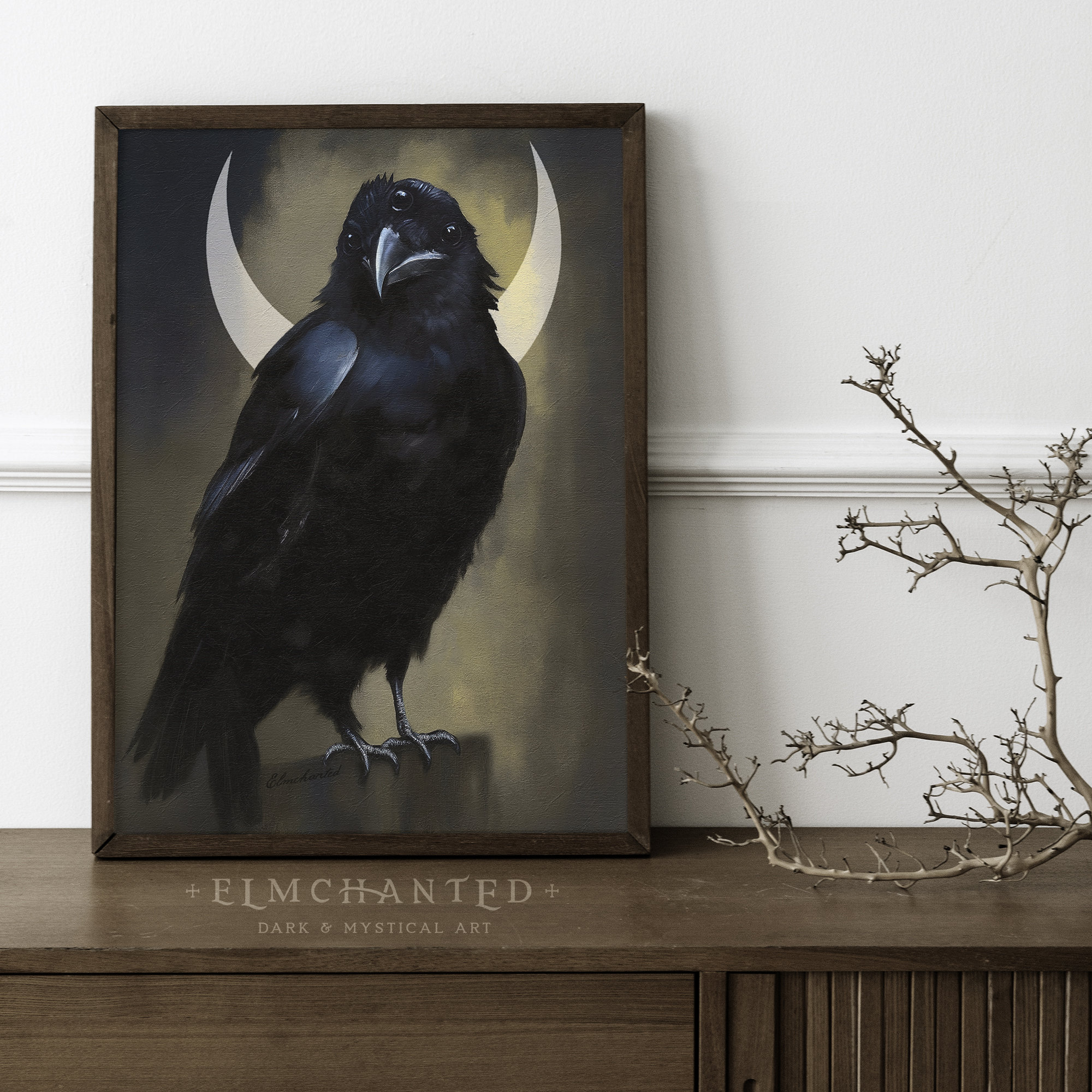 Three Eyed Raven Crow Crescent Moon Art Print, Dark Oil Painting Gothic ...