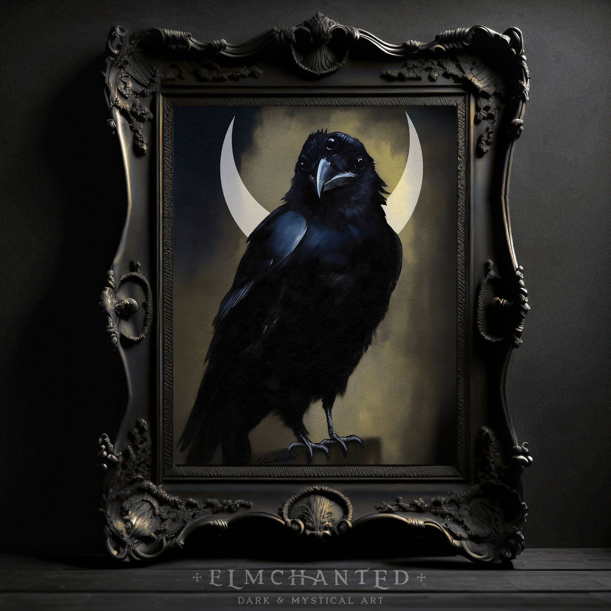 Three Eyed Raven Crow Crescent Moon Art Print, Dark Oil Painting Gothic ...