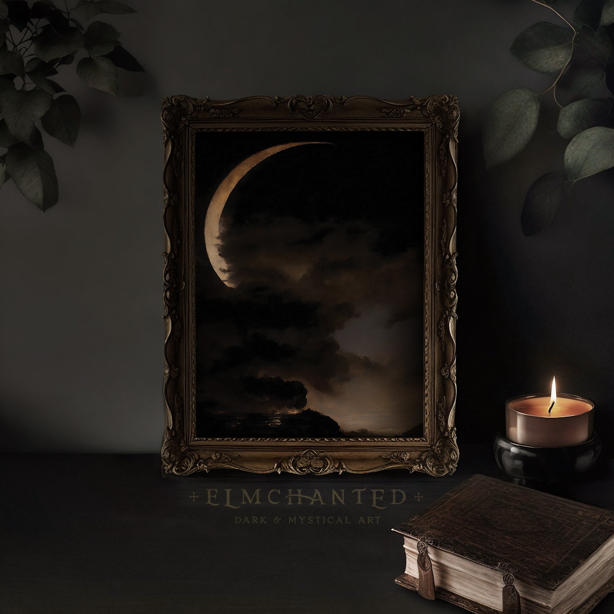Dark Moon Landscape Painting Print, Witchy Printable Wall Art, Dark ...
