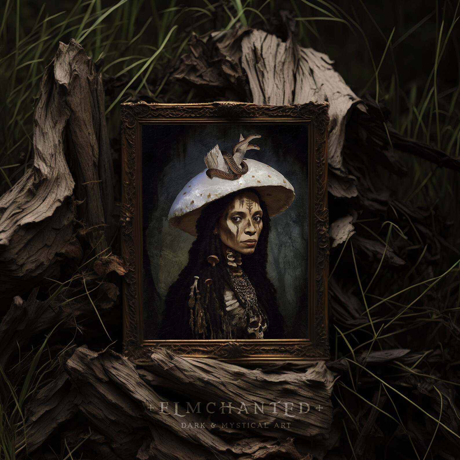 Voodoo Witch Woman Portrait Painting, Two-headed Snake Dark Art Prints ...